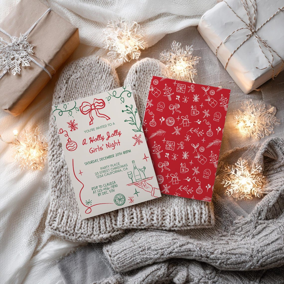 Hand-drawn Holly Jolly Girls' Night in Christmas Party Invitation, Xmas ...