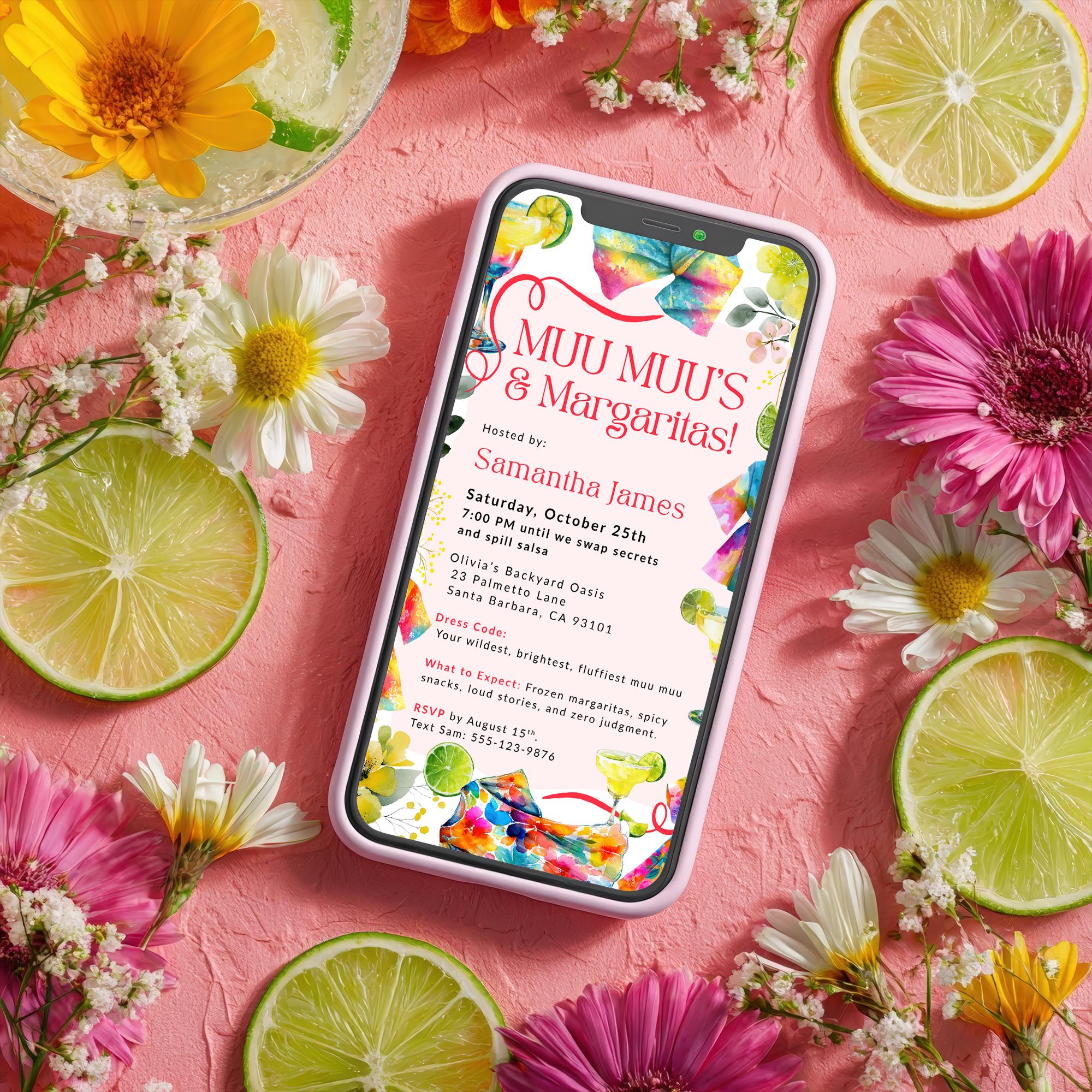 Pink Muu Muus & Margaritas Party Invitation Evite, Girls Night Hawaiian ...
