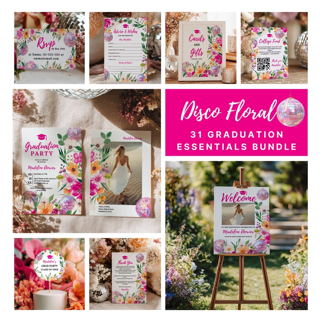 Disco Boho Floral Wildflowers Graduation Party Bundle: Digital Template ...