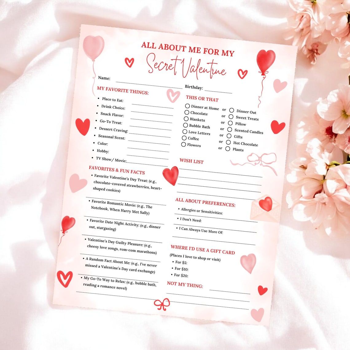 Secret Valentine Questionnaire: Printable Love Form, Gift Exchange ...
