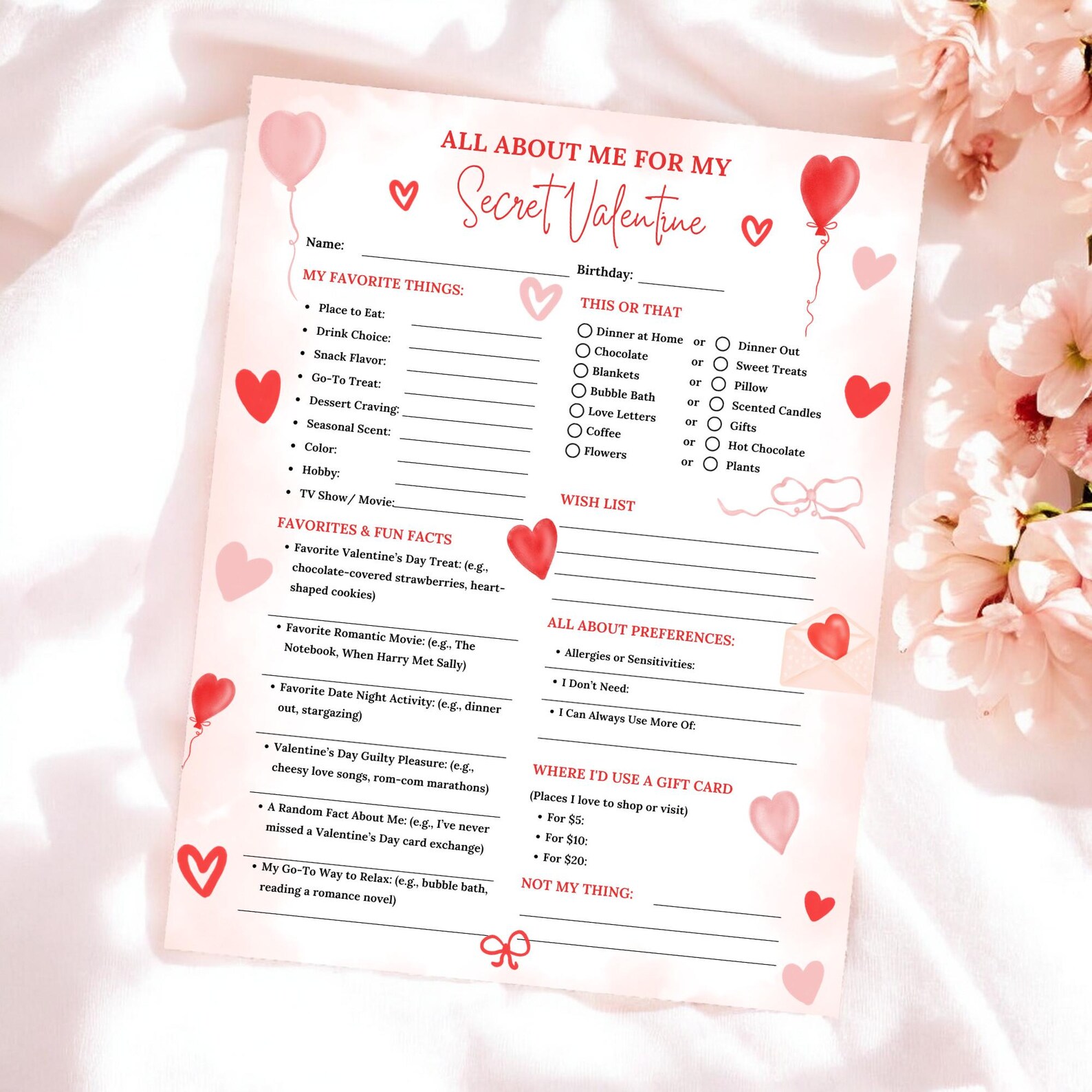 Secret Valentine Questionnaire: Printable Love Form, Gift Exchange ...