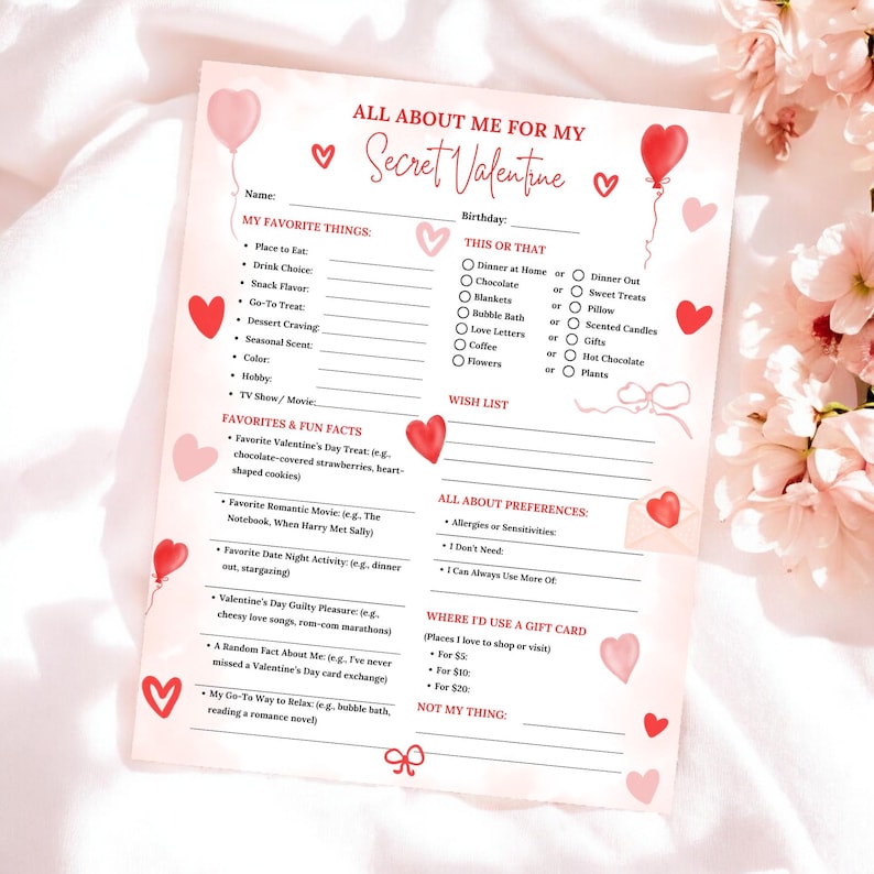 Secret Valentine Questionnaire: Printable Love Form, Gift Exchange ...
