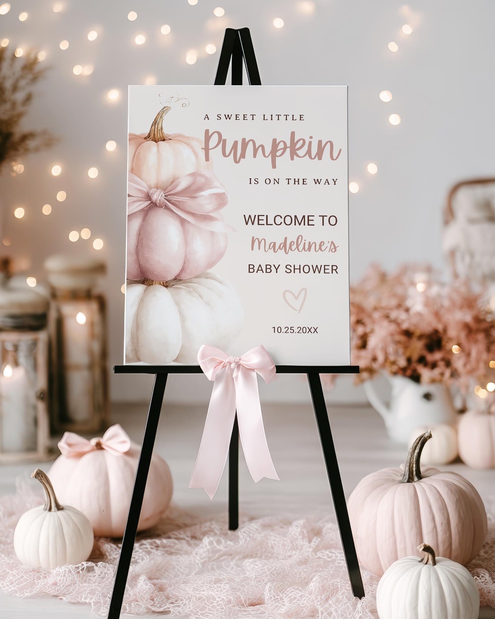 Little Pumpkin Girl Baby Shower Welcome Sign: Pink Coquette Bow Fall ...