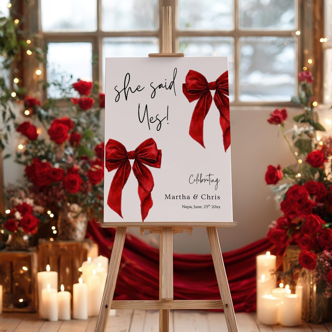 She Said Yes Engagement Party Welcome Sign | Red Velvet Coquette Bow ...