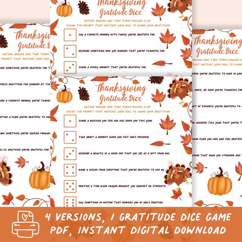 4 Thanksgiving Gratitude Dice Game: Printable Kids Adults Family ...