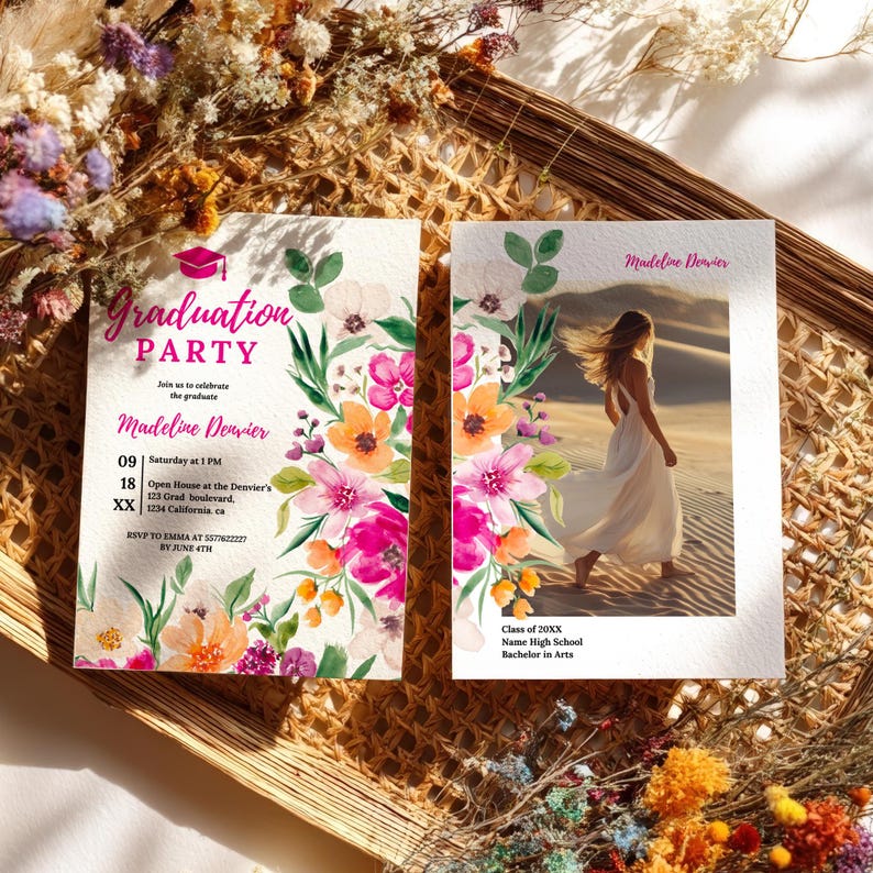 Watercolor Boho Photo Graduation Party Invitation: 3 Color Options ...