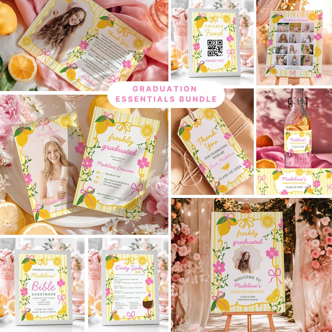 Freshly Graduated Lemon Graduation Invitation Bundle Template: Pink ...