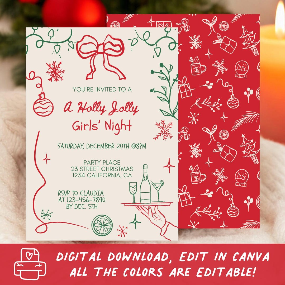 Hand-drawn Holly Jolly Girls' Night in Christmas Party Invitation, Xmas ...