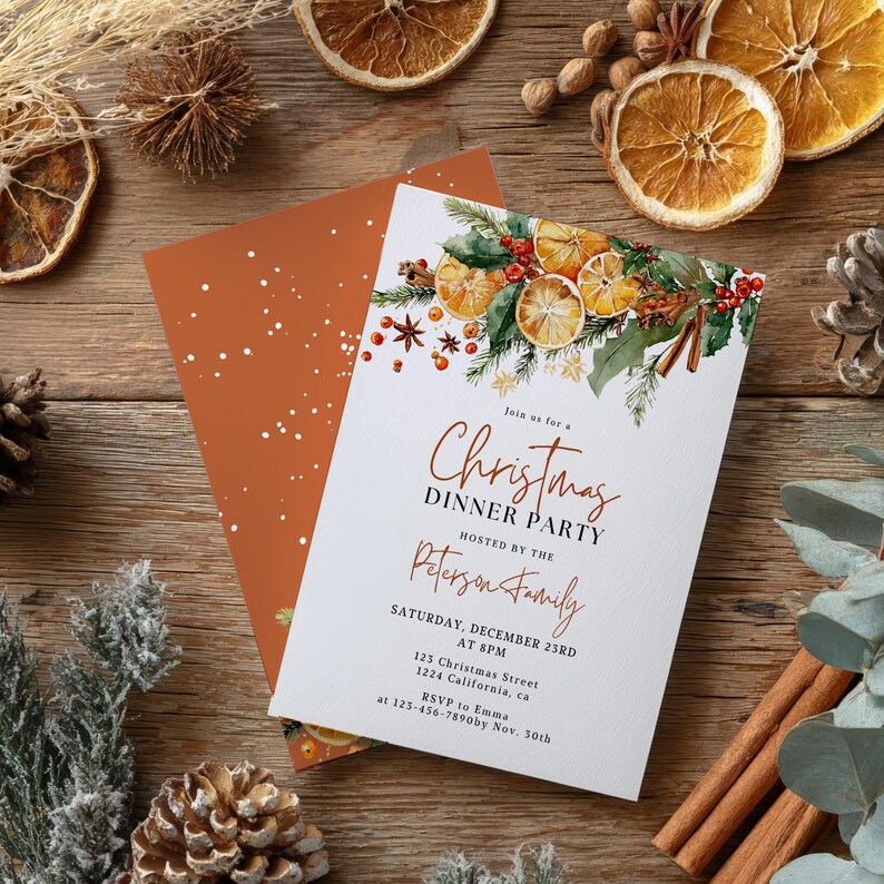 Christmas Boho Citrus Invitation & Evite | Printable Winter Holiday ...