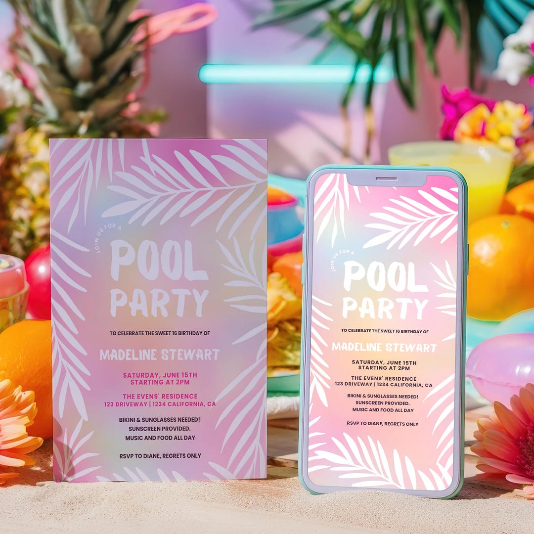 Invitación tropical para fiesta de quinceañera en la piscina: diseño de ...