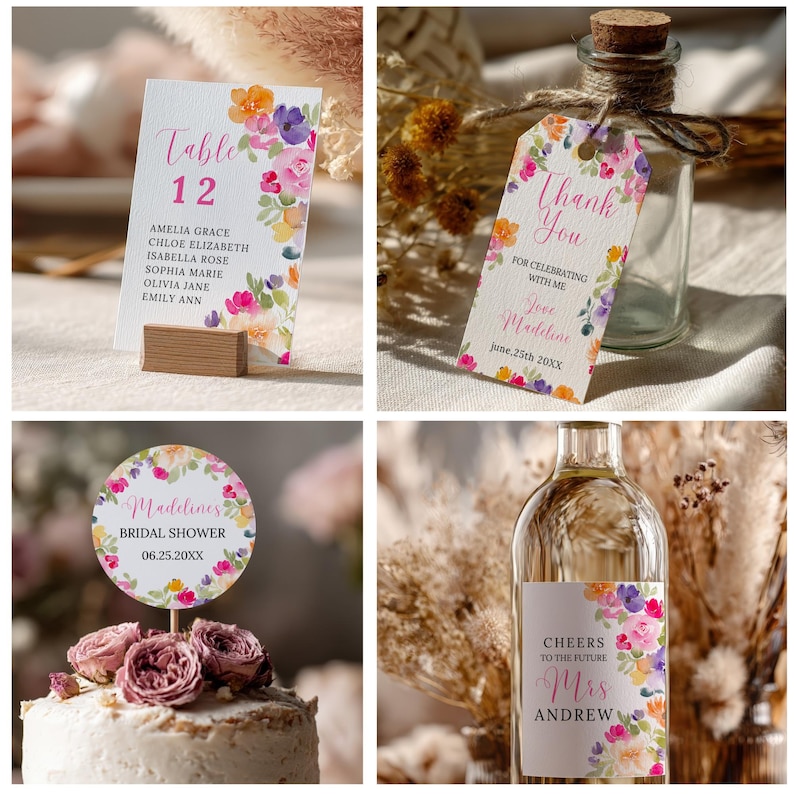 Boho Love in Bloom Bridal Shower Bundle: Hand-painted Floral Invitation ...