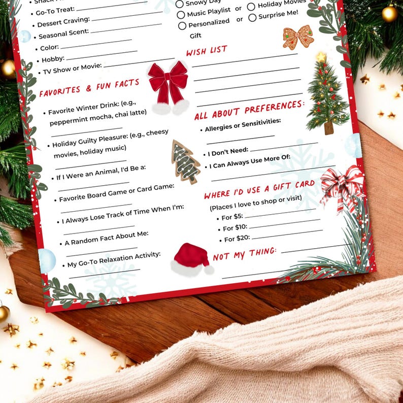 Festive Christmas Secret Santa Questionnaire Printable, Christmas Gift ...