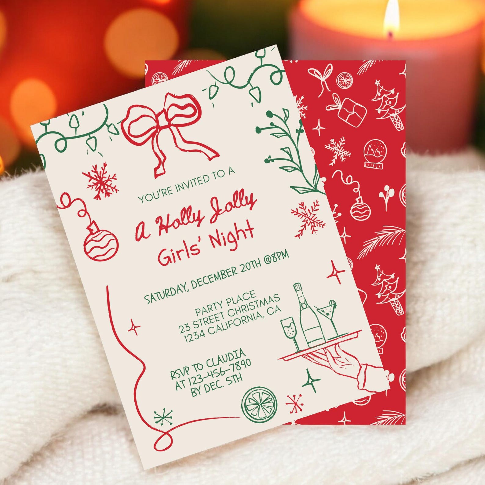 Hand-drawn Holly Jolly Girls' Night in Christmas Party Invitation, Xmas ...