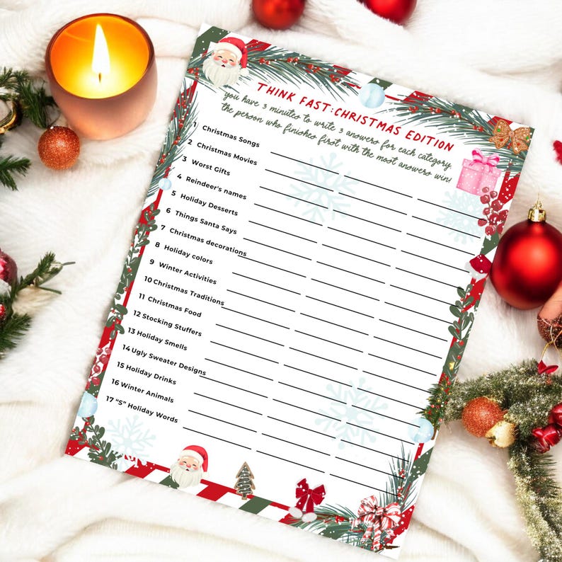 Think Fast Christmas Printable Game | Fun Holiday Trivia, Holiday Party ...