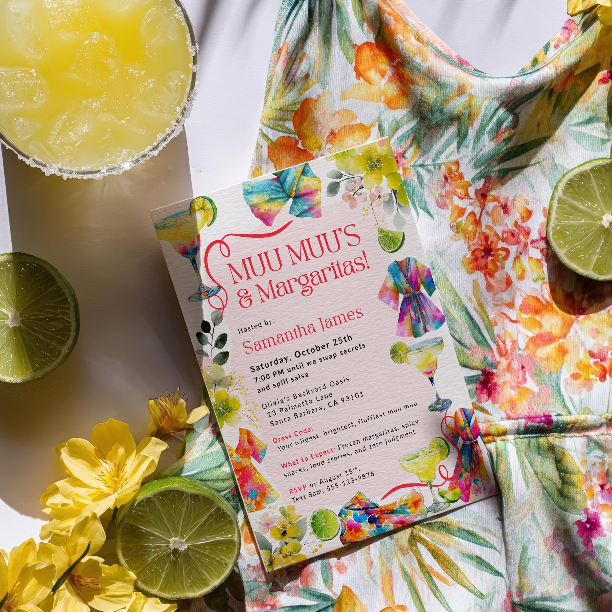 Pink Muu Muus & Margaritas Party Invitation Evite, Girls Night Hawaiian ...