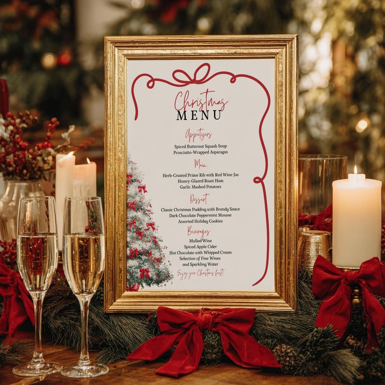 Christmas Menu Template: Hand-drawn Holiday Dinner, Red Coquette Bow ...