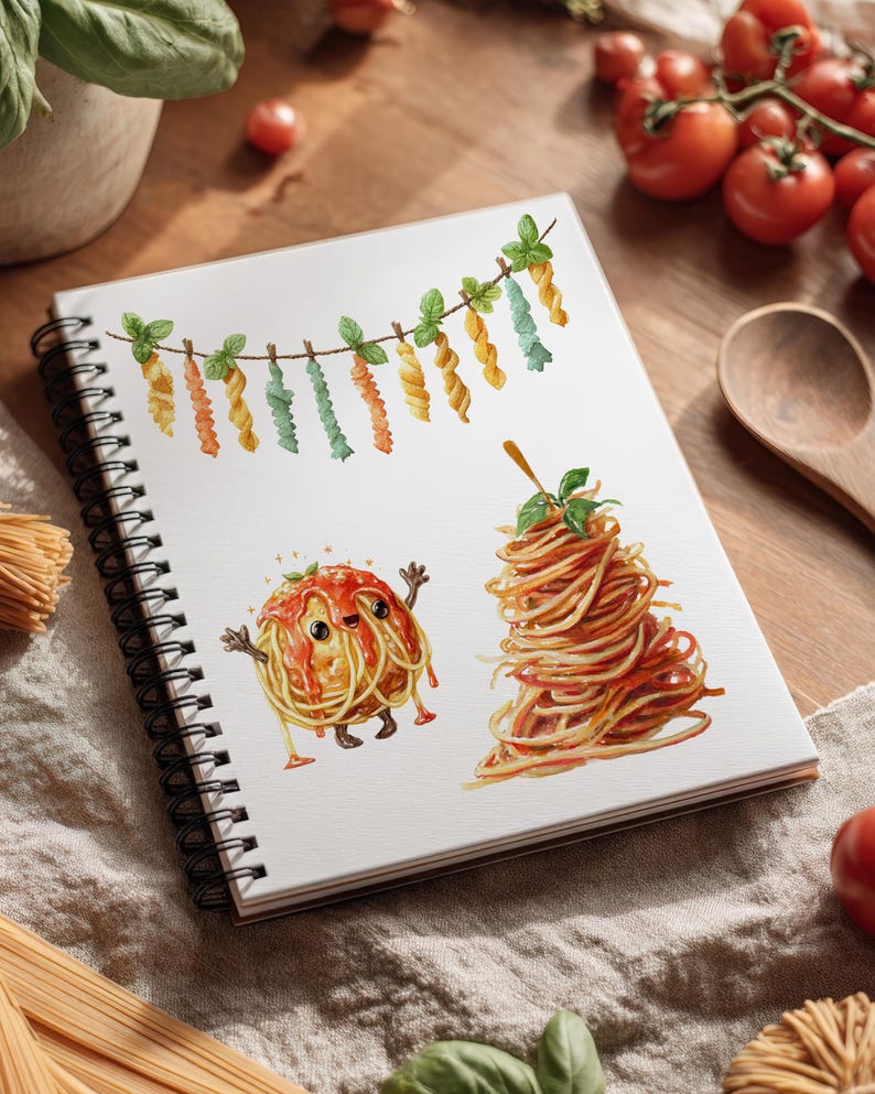 12 Watercolor Pasta Clipart: Spaghetti, Meatballs, Tomato Illustrations ...