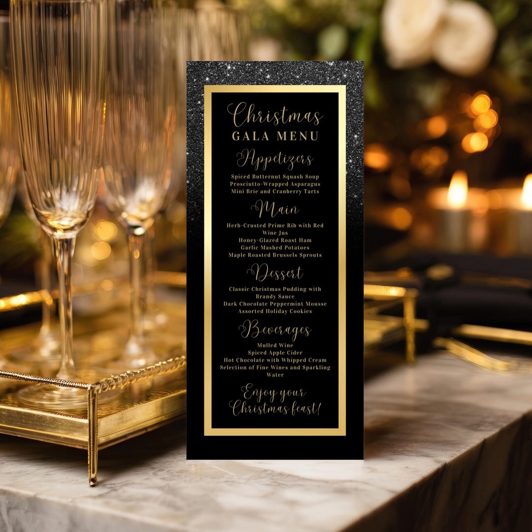 Black Glitter Gold Holiday Gala Dinner Menu: Corporate Christmas Party ...