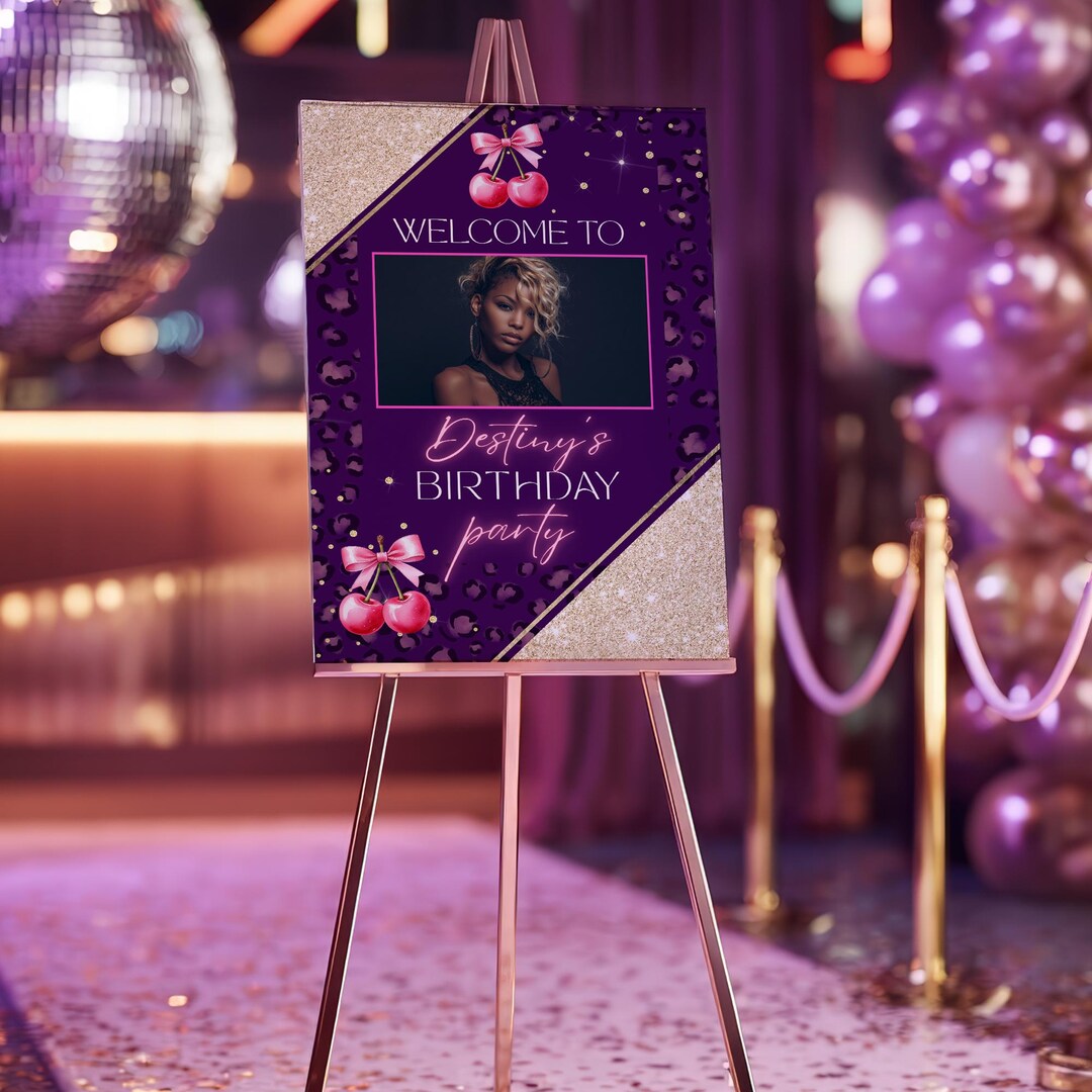 2 Cheetah Print Birthday Welcome Signs, Editable Purple Leopard Cherry ...