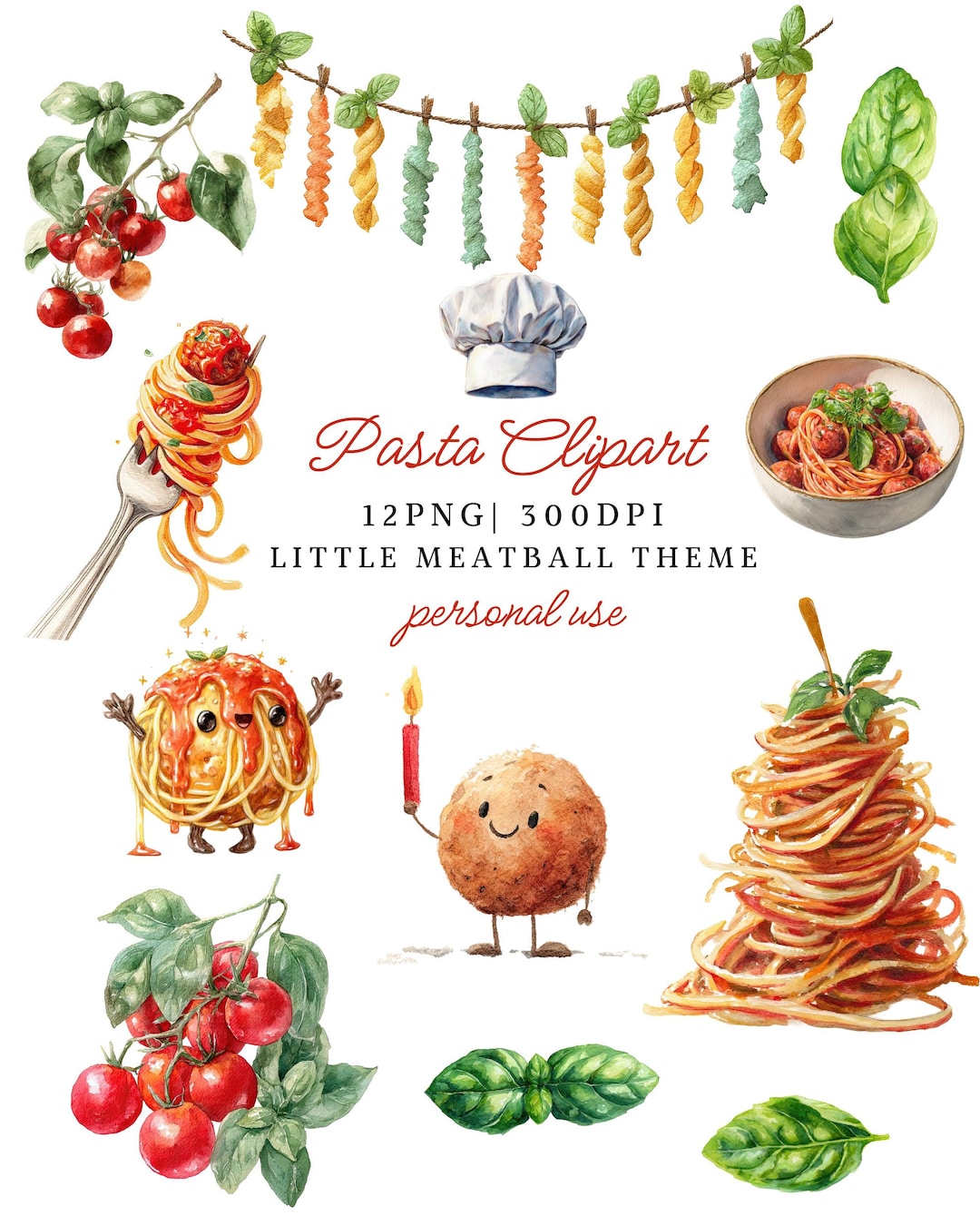 12 Watercolor Pasta Clipart: Spaghetti, Meatballs, Tomato Illustrations ...