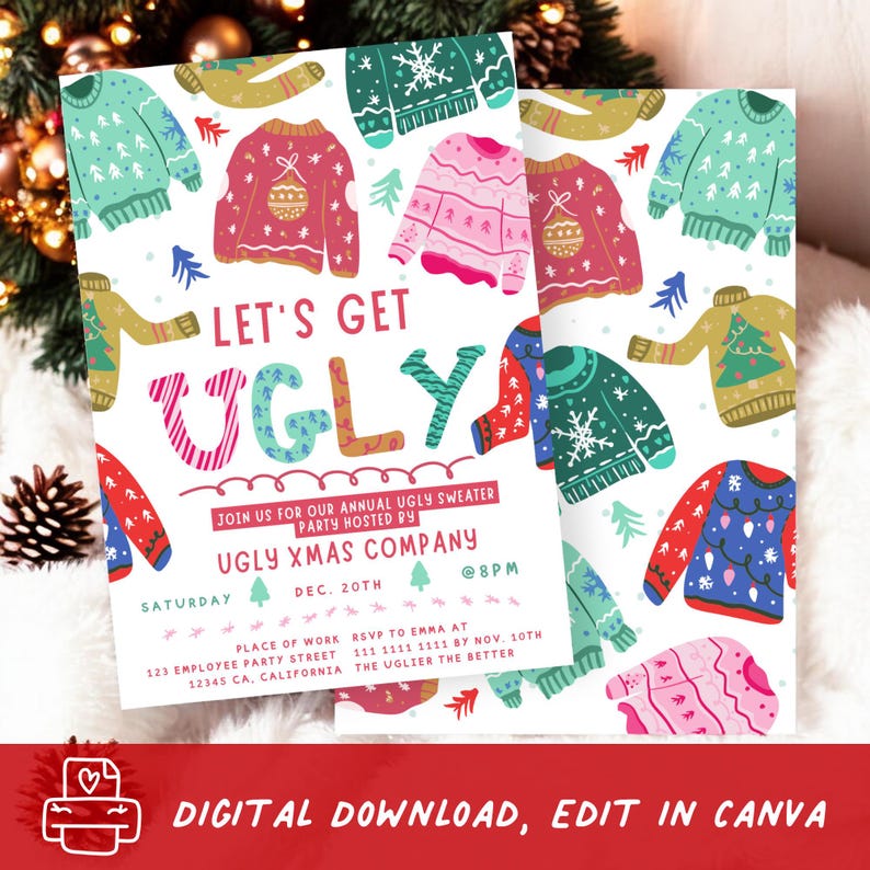 Fun Editable Ugly Sweater Party Invitation, DIY Christmas Party Invite ...