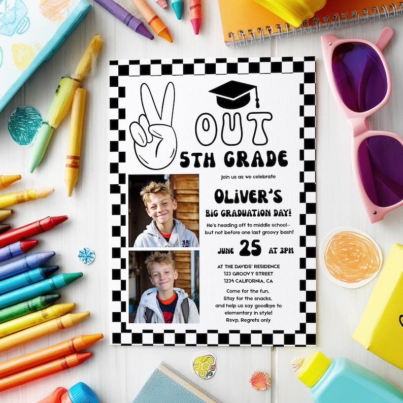 Printable Peace Out 5th Grade 2 Photos Graduation Invitation + 2 Evites ...