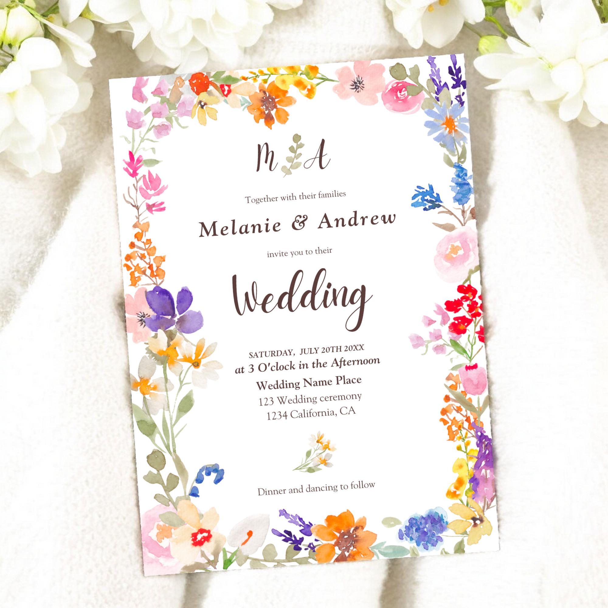 Boho Summer Wildflower Photo Wedding Invitation Template, Digital ...
