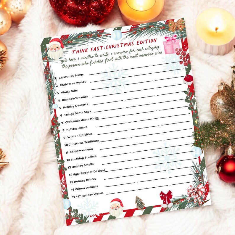 Think Fast Christmas Printable Game | Fun Holiday Trivia, Holiday Party ...