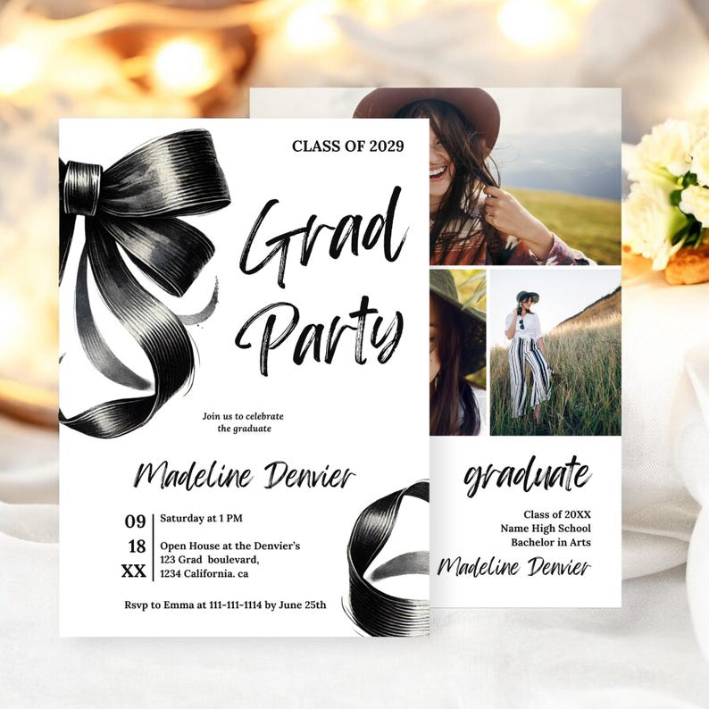 Black Bow Graduation Invitation & Announcement – Modern Grad Party ...