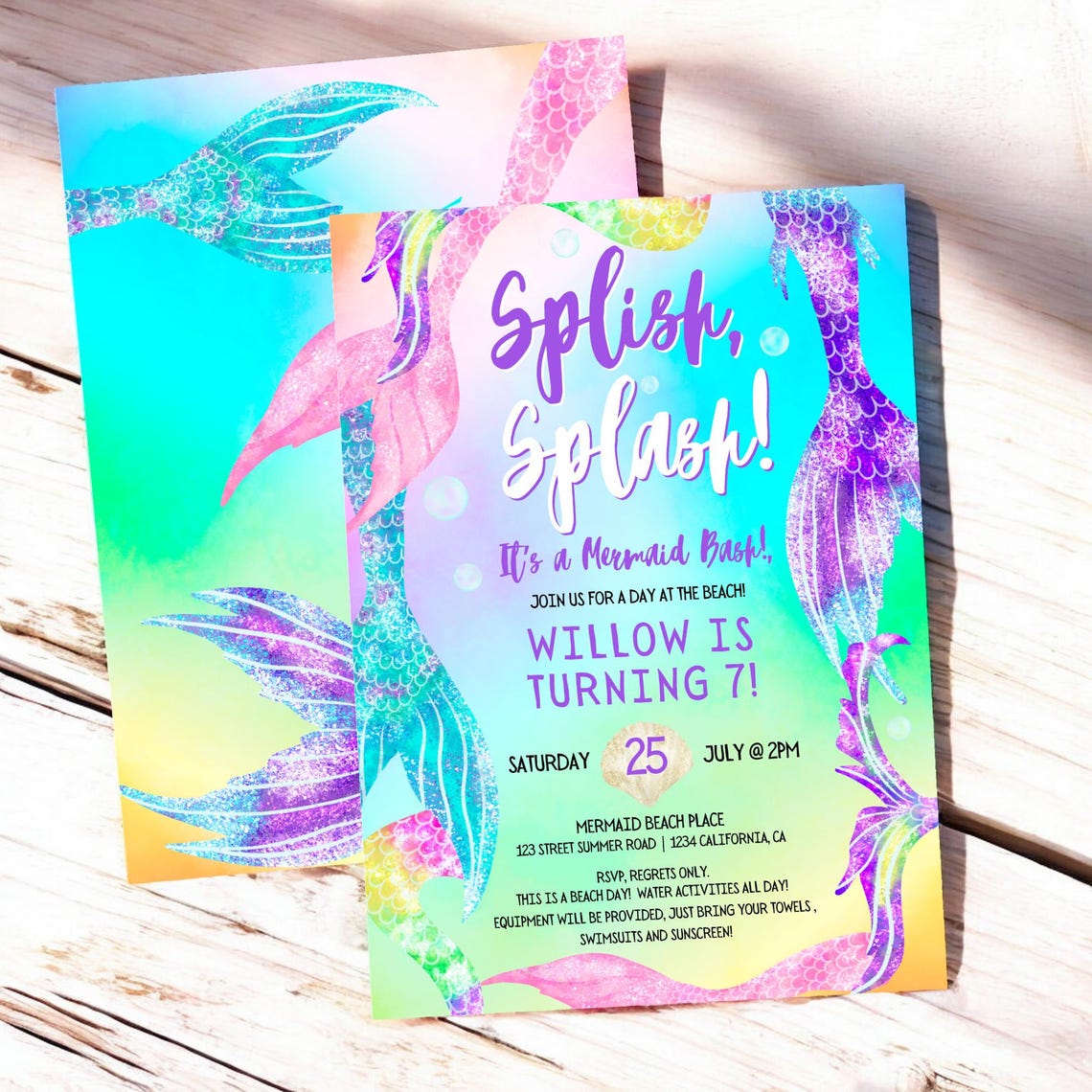 Splish Splash Mermaid Bash 7th Birthday Invitation Template, Editable ...