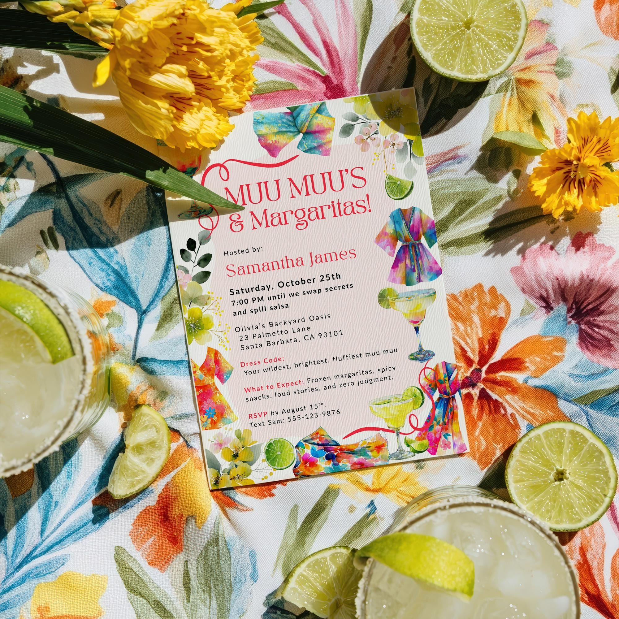 Pink Muu Muus & Margaritas Party Invitation Evite, Girls Night Hawaiian ...