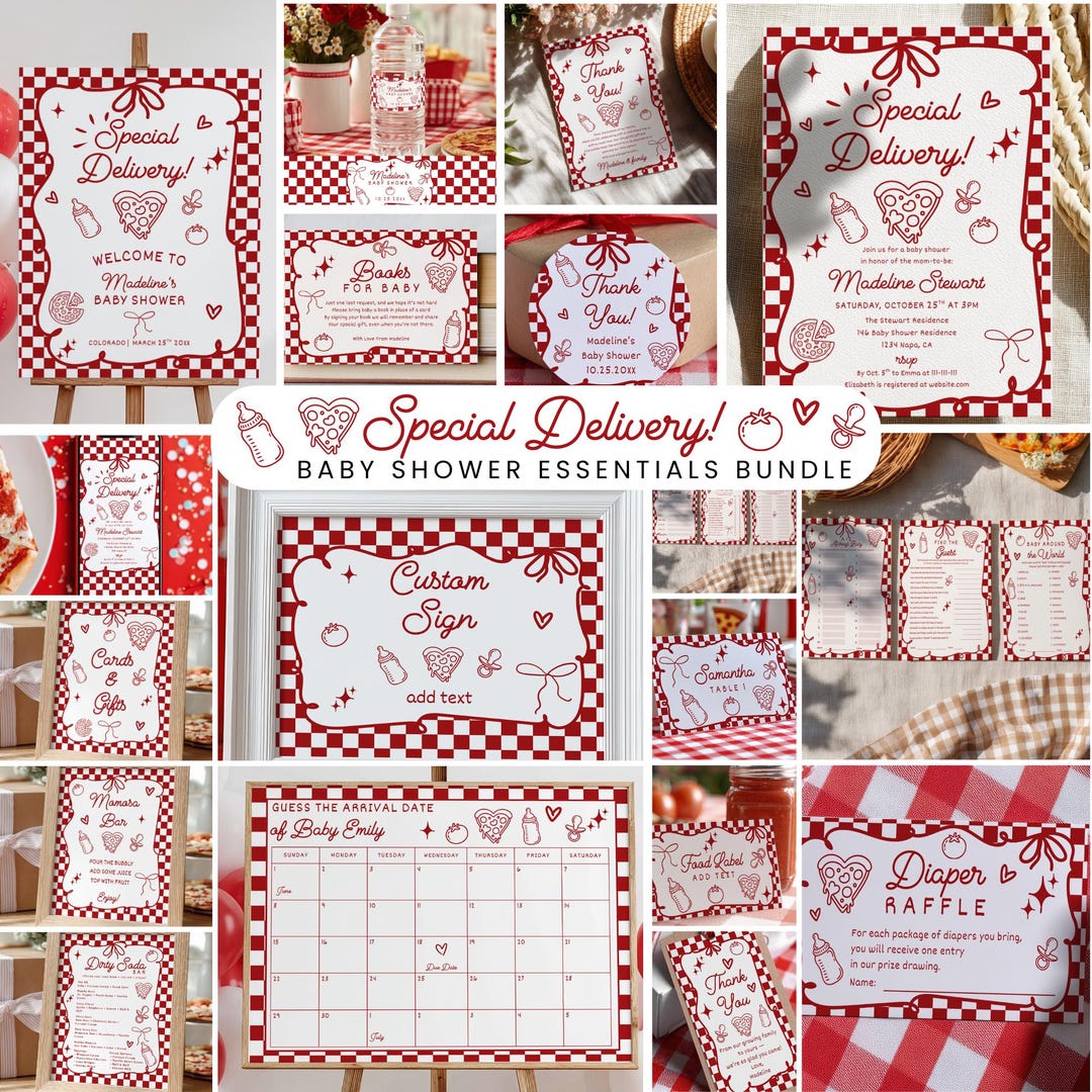 Special Delivery Baby Shower Bundle: Slice Baby Editable Red Checker ...