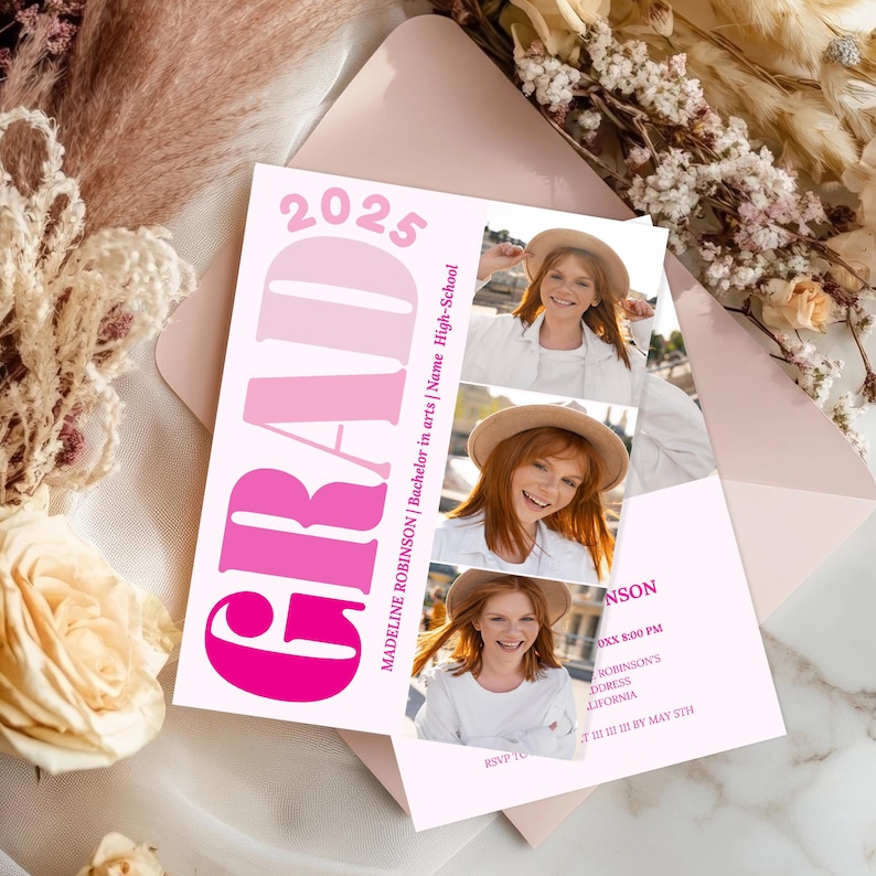 Retro Pink Graduation Photo Collage Invitation Announcement Template ...