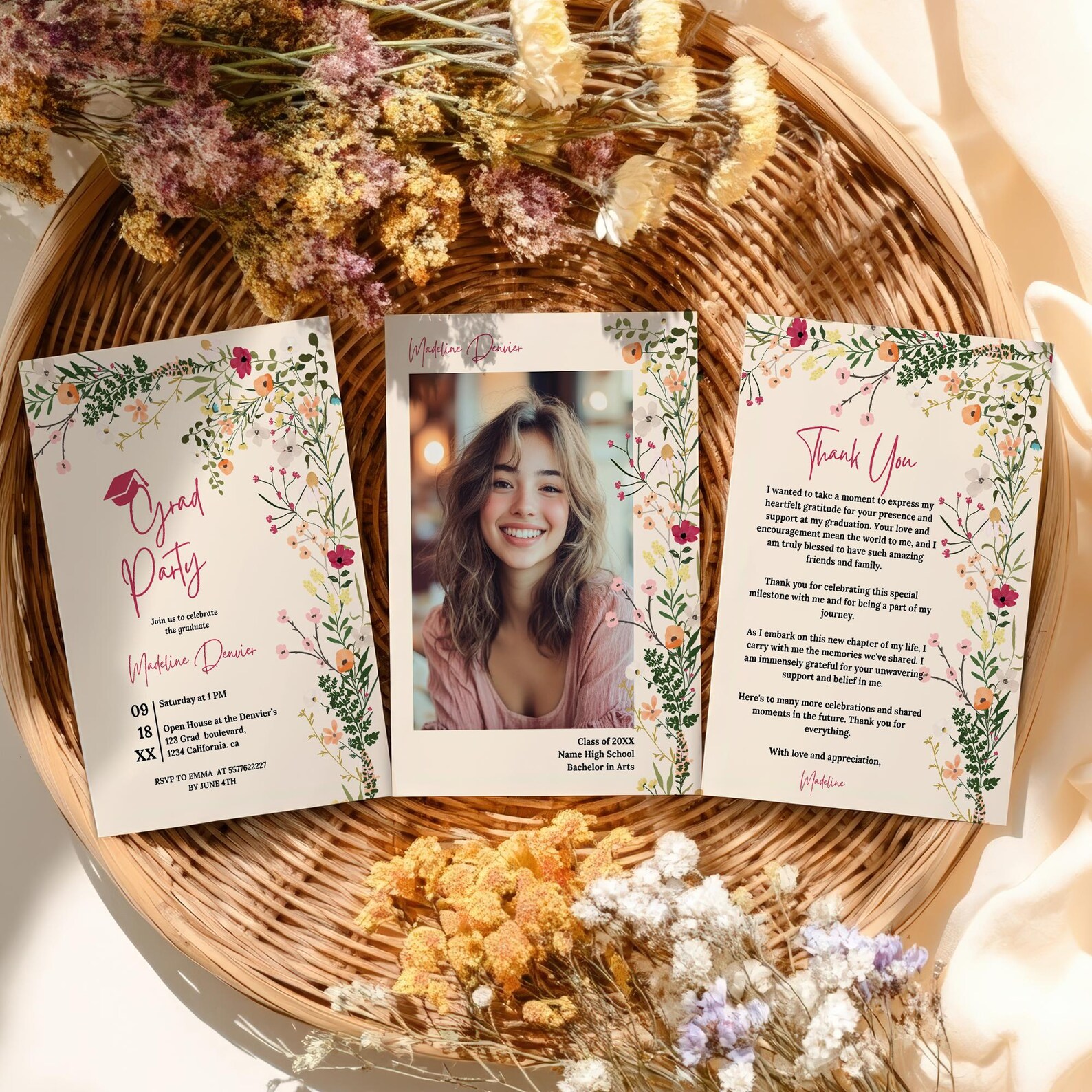 Printable Boho Wildflower Graduation Invitation With Photo and Matching ...