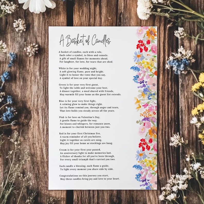 Printable Basket of Candles Poem | 8x10 & 8.5x11 Sign | Wildflower or ...