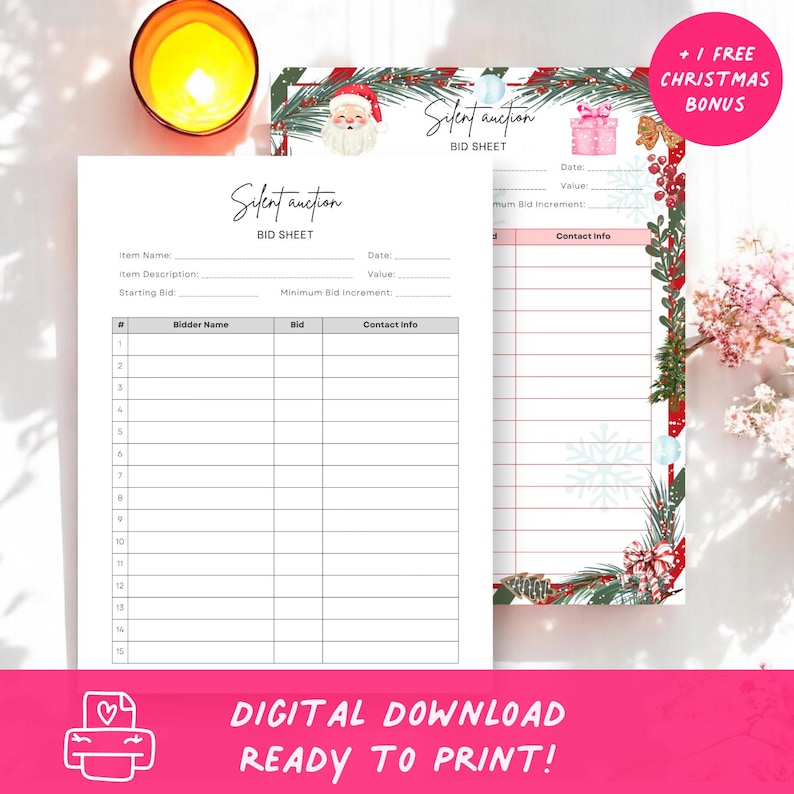 Silent Auction Bid Sheet Printable: Bonus Christmas Version Sign up ...