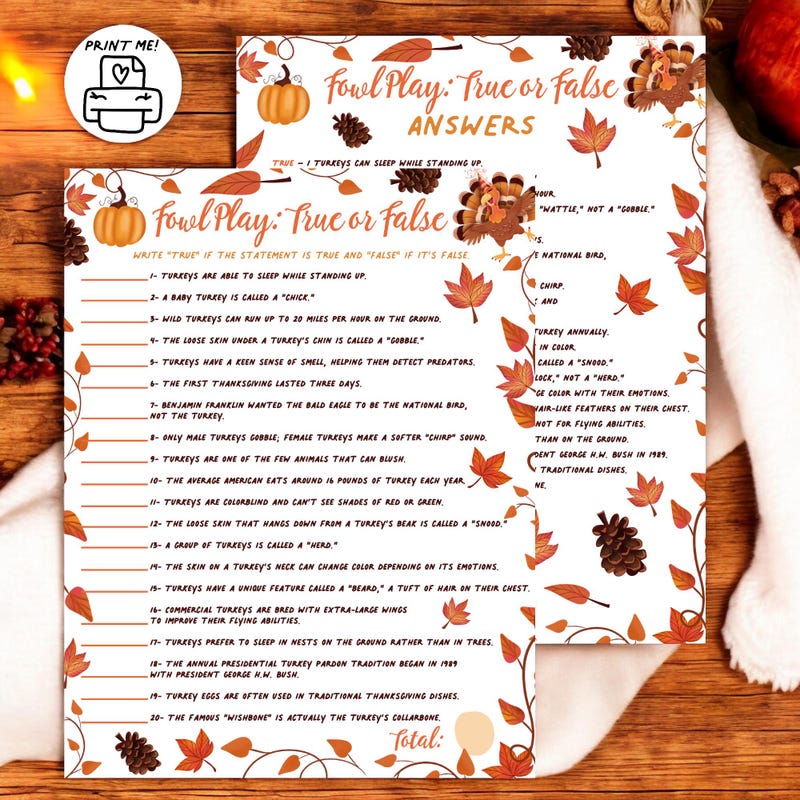 Thanksgiving True or False - Etsy