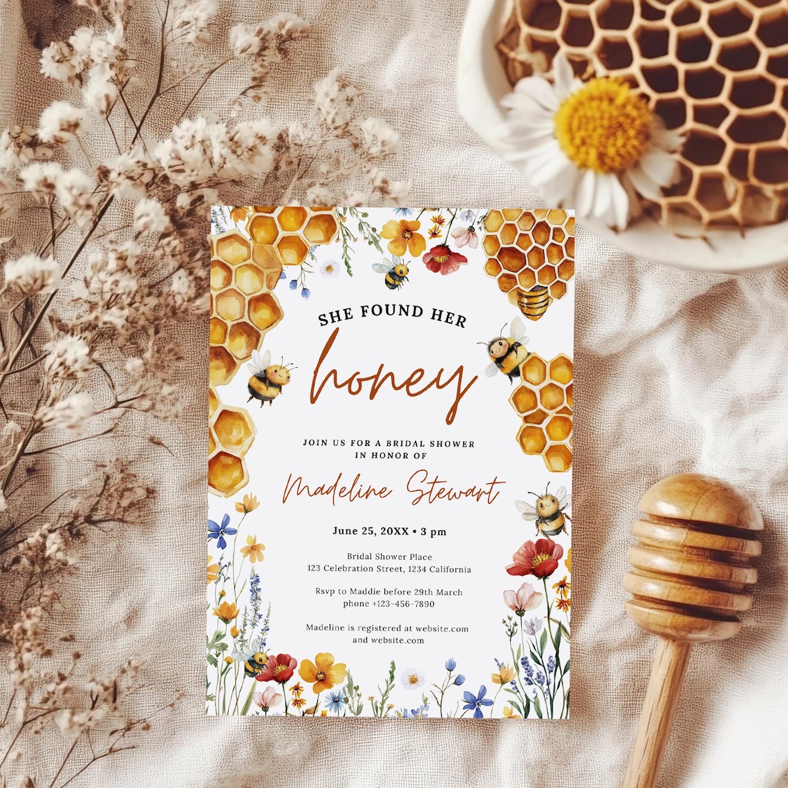 She Found Her Honey Bridal Shower Invitation, Boho Watercolor Bee Theme, Editable Template, Bee ...