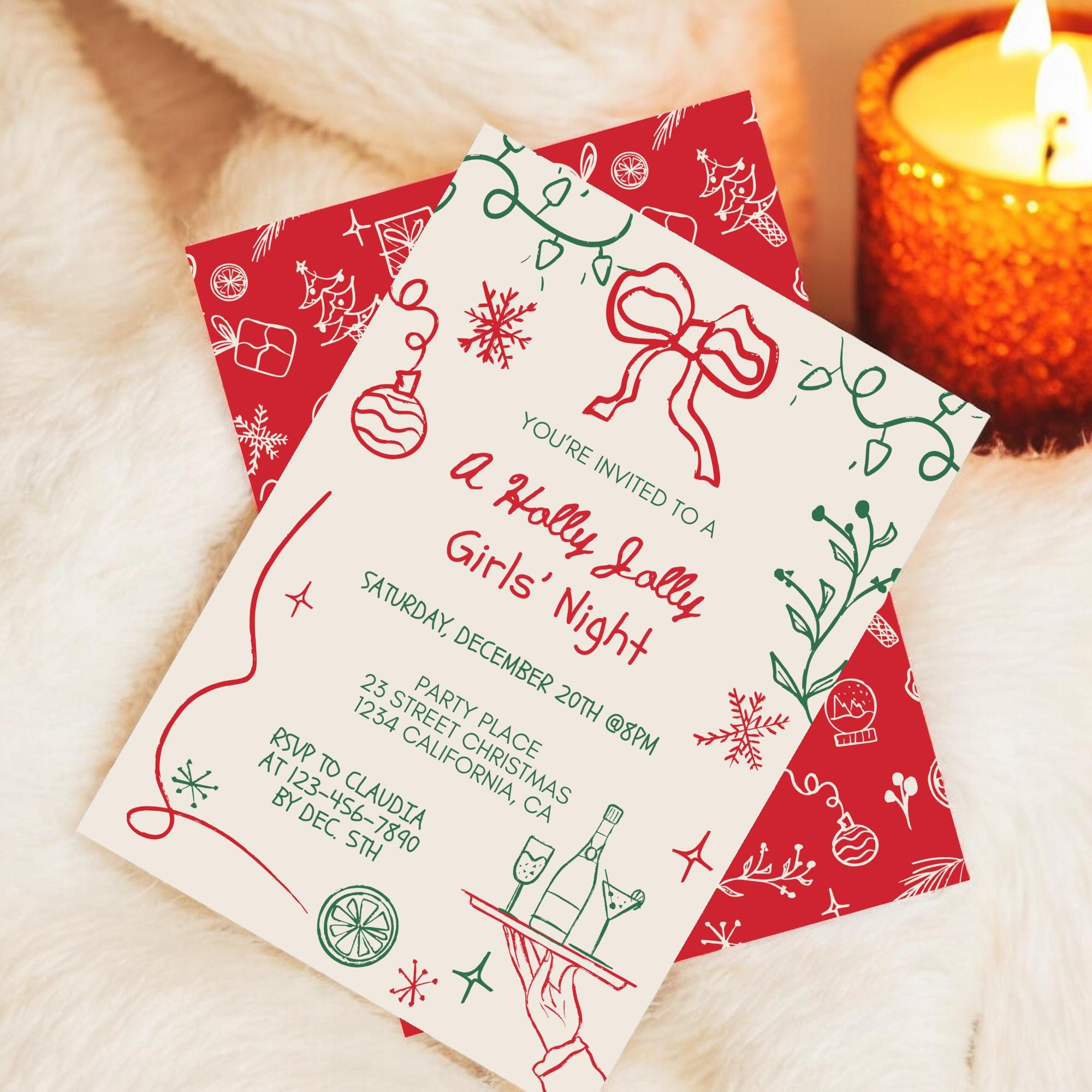 Hand-drawn Holly Jolly Girls' Night in Christmas Party Invitation, Xmas ...