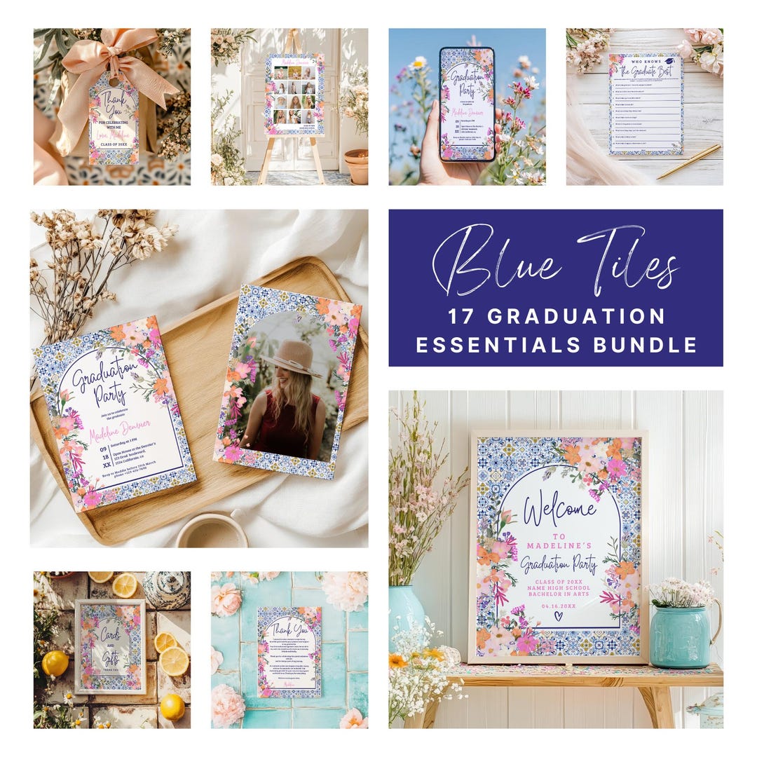 Printable Mediterranean Tiles Floral Graduation Party Bundle – Editable ...