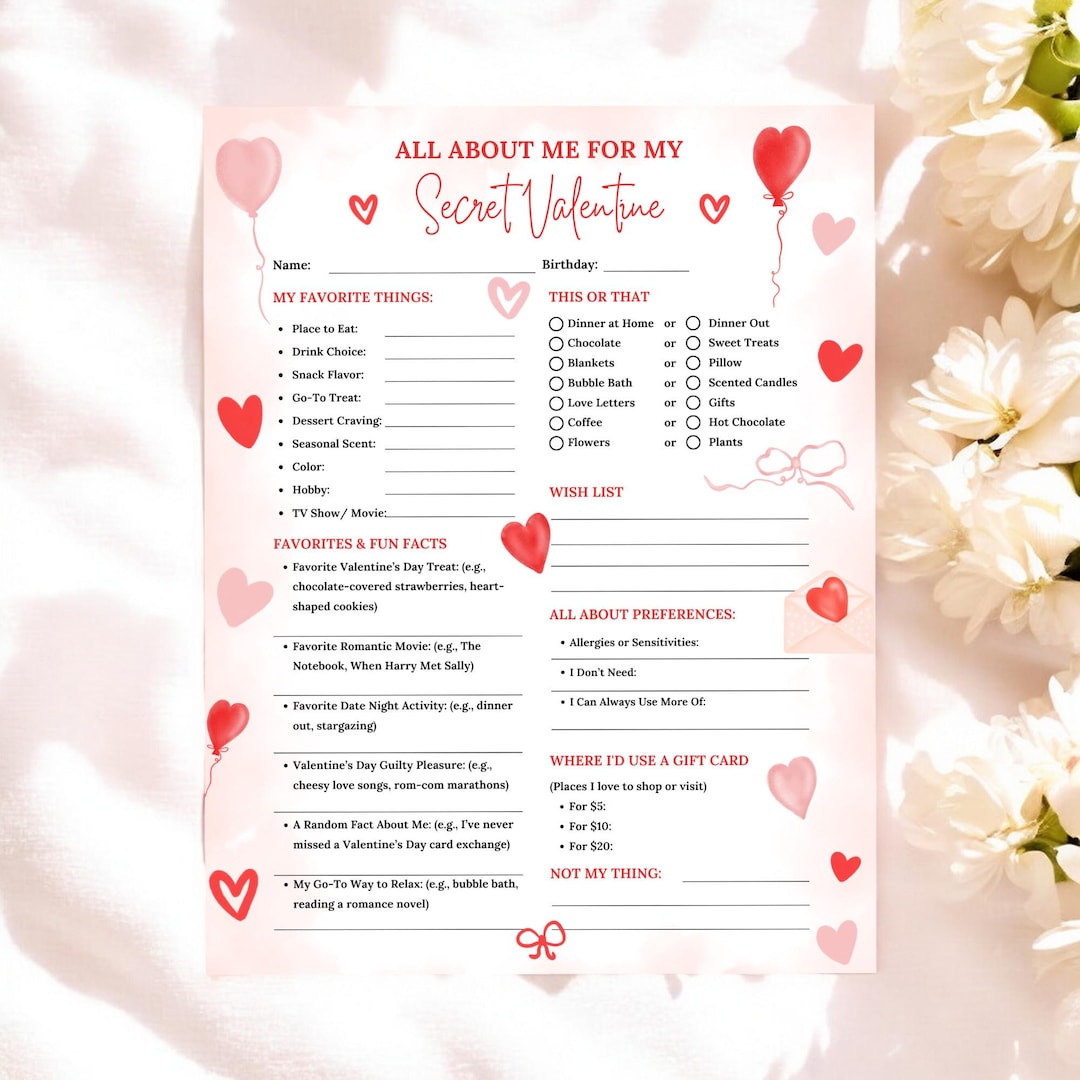 Secret Valentine Questionnaire: Printable Love Form, Gift Exchange ...