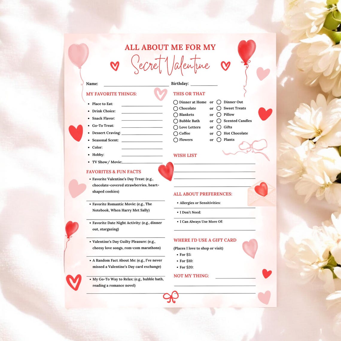 Secret Valentine Questionnaire: Printable Love Form, Gift Exchange ...