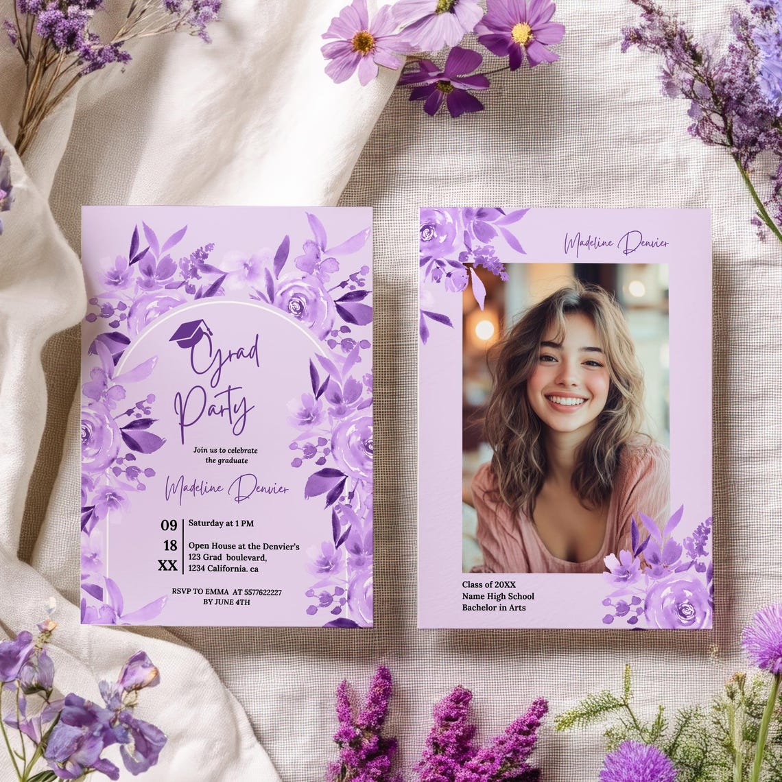 Editable Pink Floral Graduation Invitation Template With Photo, Hand ...
