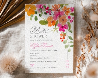 Printable Boho Floral Bridal Shower Invitation & Evite Set: Orange Hot ...