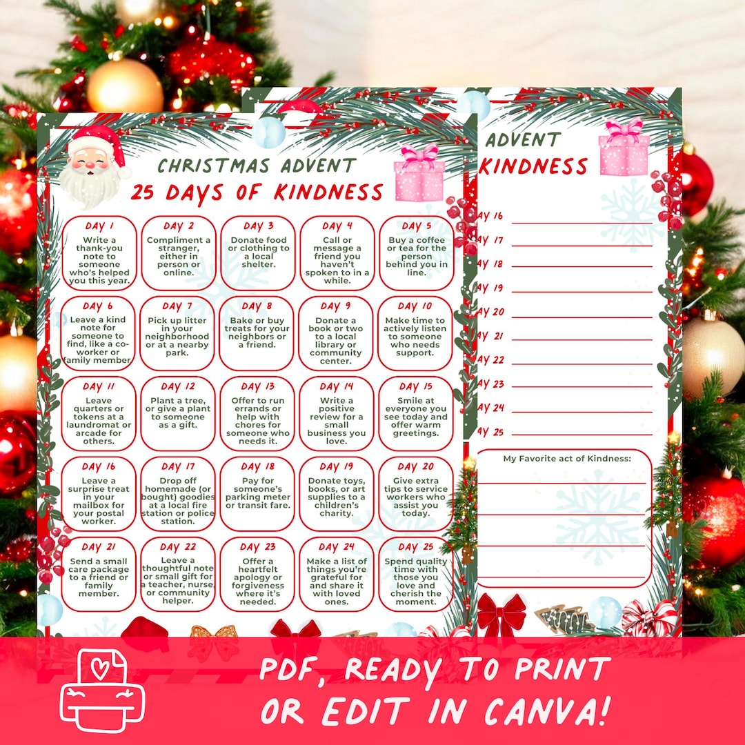 Christmas Advent 25 Days of Kindness Printable | Acts of Kindness ...