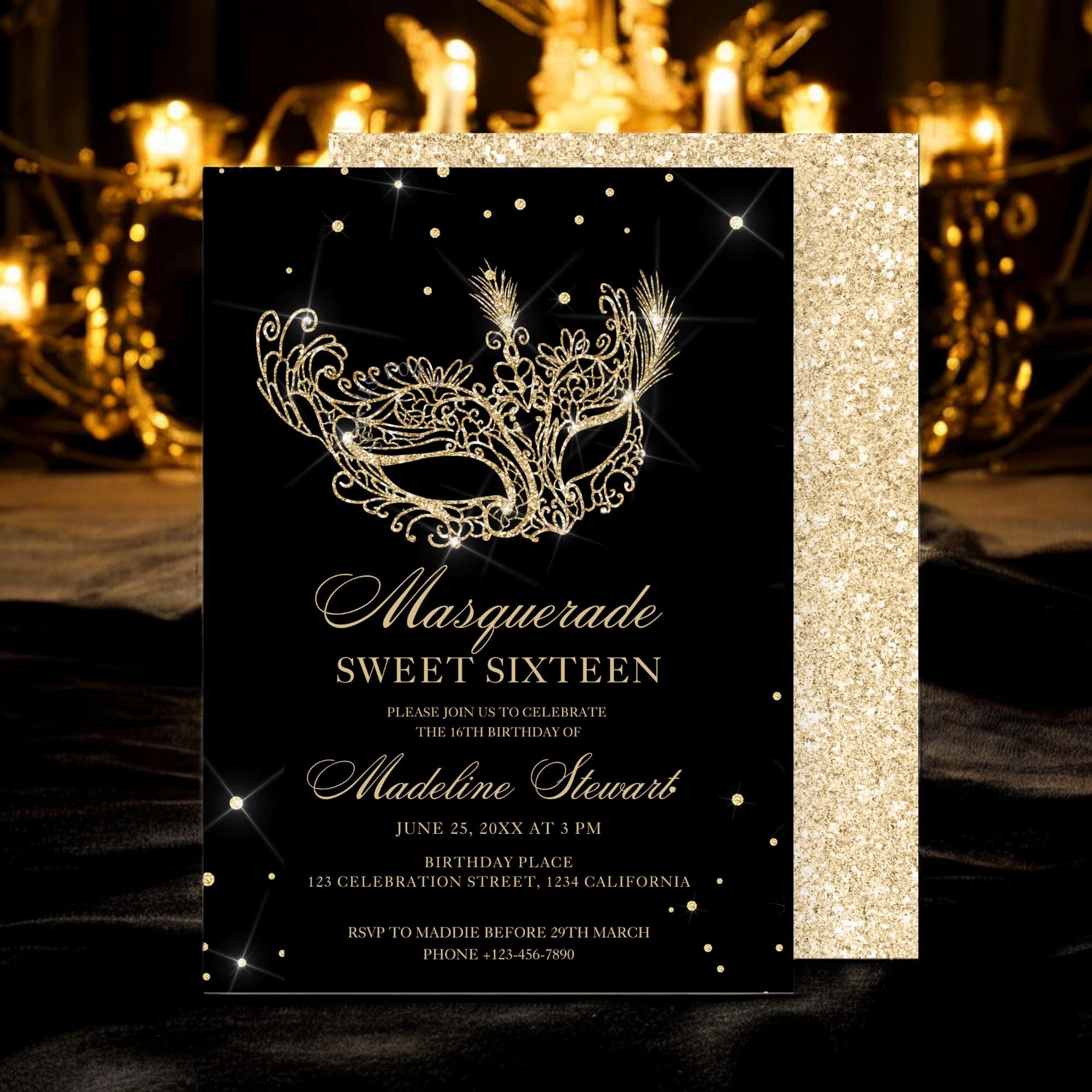 Elegant Gold Glitter Masquerade Sweet 16 Birthday Invitation ...