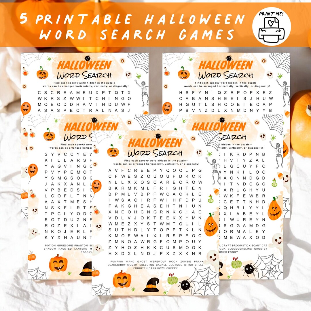5 Halloween Word Search Puzzle Games : Party Group Activity for Kids ...