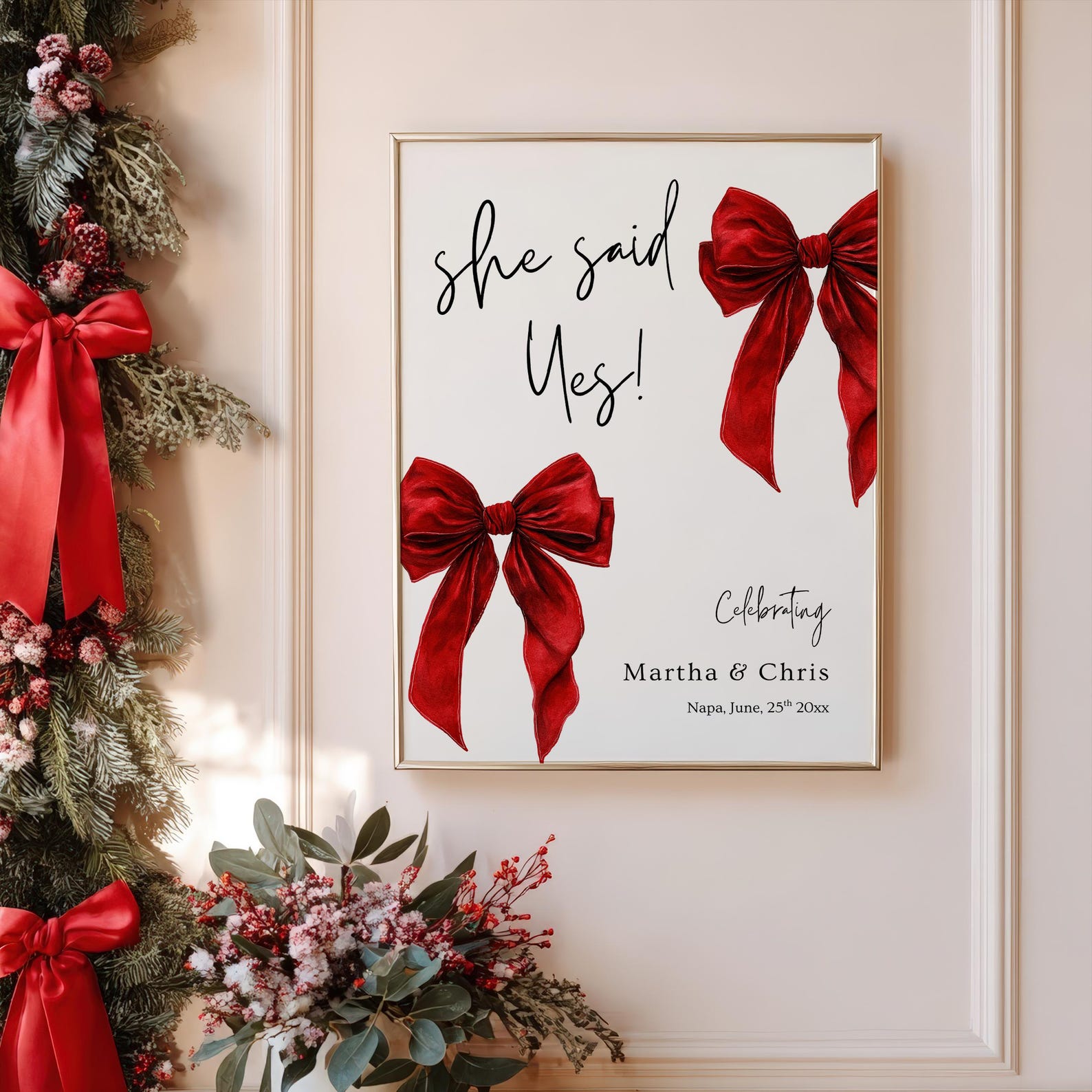 She Said Yes Engagement Party Welcome Sign | Red Velvet Coquette Bow ...