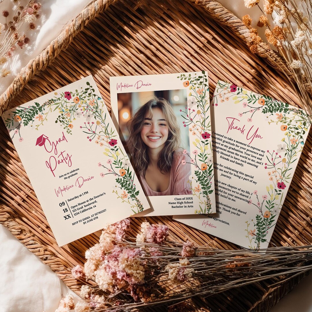 Boho Wildflower Graduation Invitation Photo + Thank You Card, Class of ...