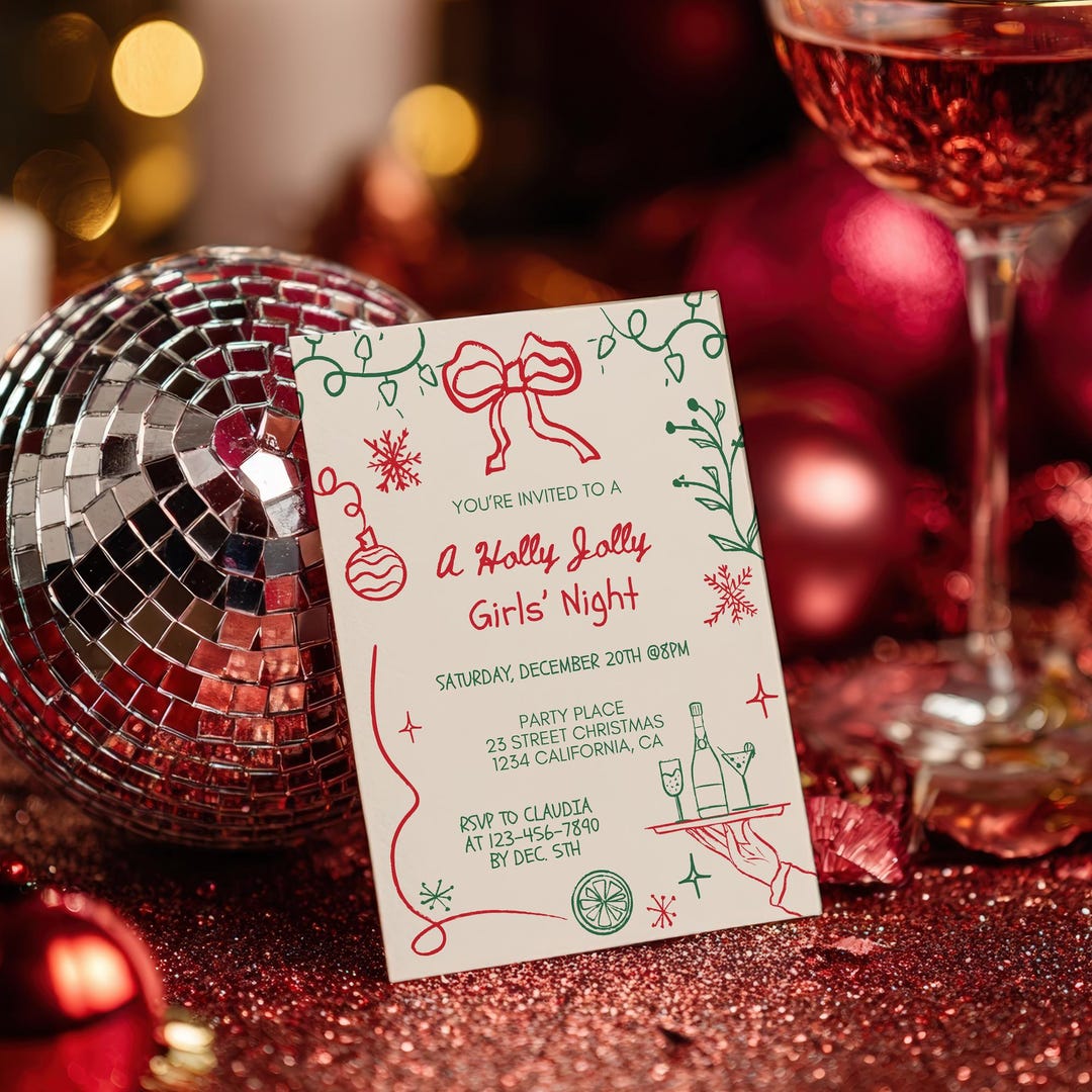 Hand-drawn Holly Jolly Girls' Night in Christmas Party Invitation, Xmas ...
